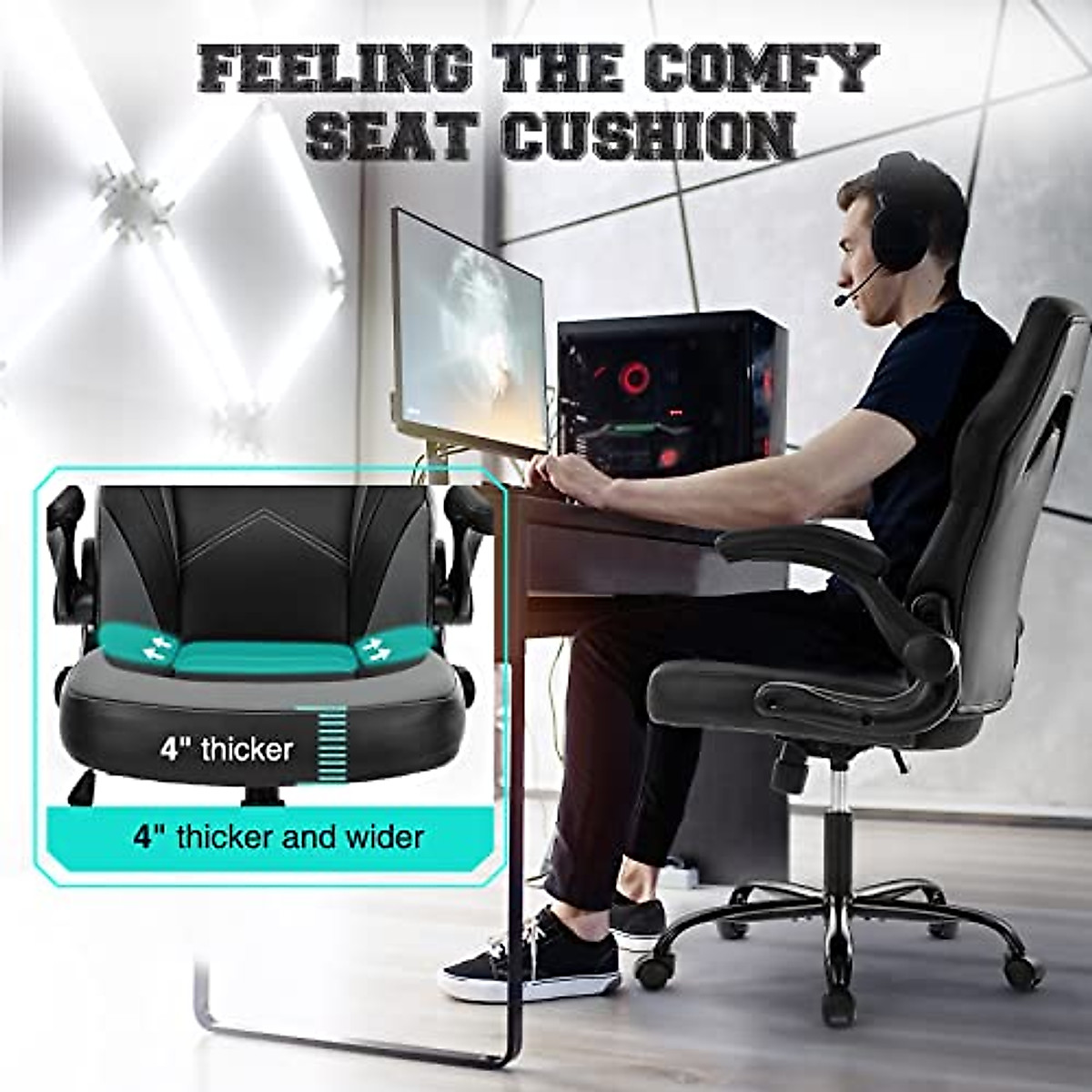 ZUNMOS Gaming Chair Office Chair Flip-up Armrest Chair with Soft Padded Height Adjustable Desk Chair Computer Chair with Lumbar Support for Gaming, Working, Grey