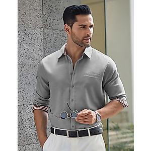 COOFANDY Men's Casual Oxford Shirts Long Sleeve Linen Button Down Shirt Business Dress Shirt Light Grey