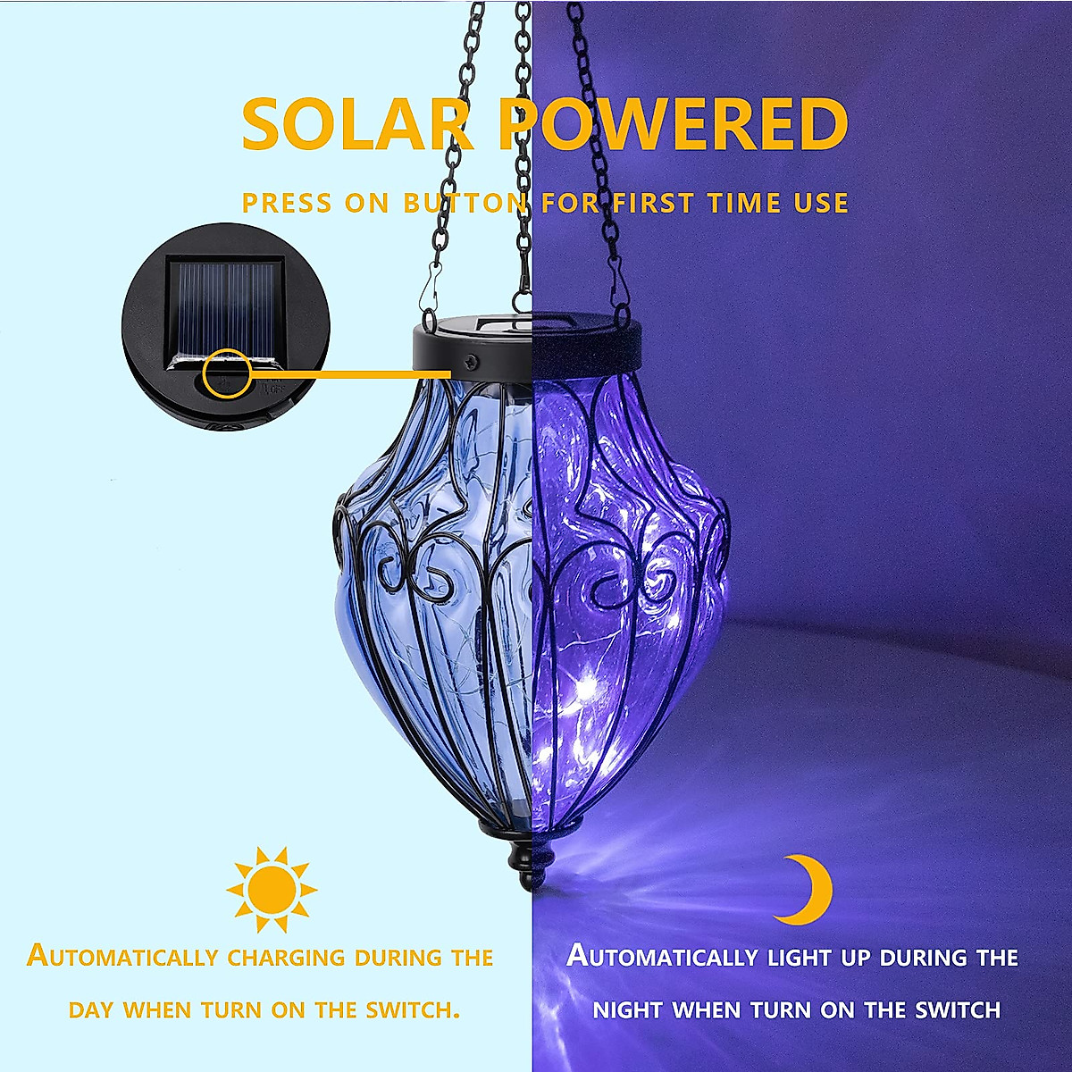 Afirst Hanging Solar Glass Lanterns - Glass Solar Lights with Hook Drop shape Handblown with 20 LED Fairy String Lights Decor for Yard Tree Fence Patio