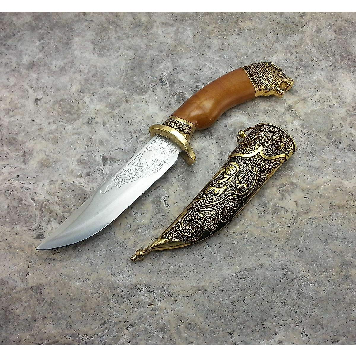 11" Bear Head Golden Fixed Blade Collectors Survival Hunting Knife W/Decorative Sheath by Survival Steel