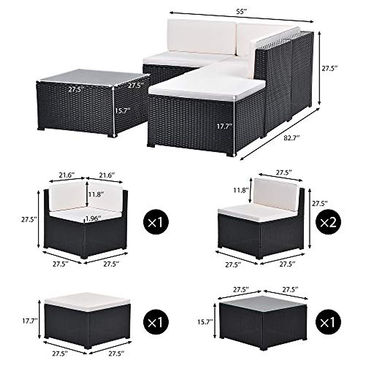 VOGU 5-Piece Outdoor Patio Dining Set Furniture Set, PE Wicker Rattan Sectional Corner Sofa Set Furniture Set with Ottoman/Glass Coffee Table Lying Chair (Black Wicker + Beige Cushion 05)