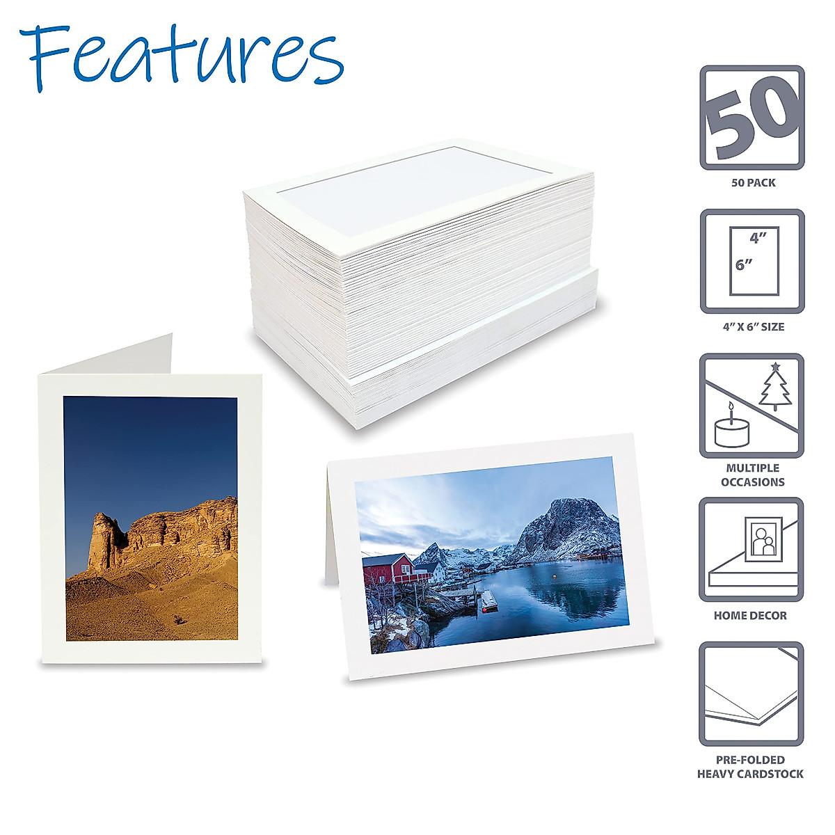 Better Office Products Photo Frame Note Cards for 4" x 6" Photos, 50 Pack, Photo Inserts with Envelopes (White, 50 Pack)