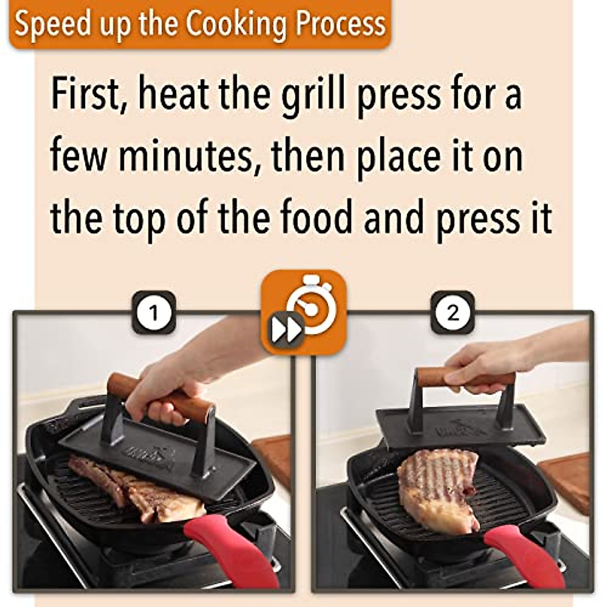 UNCO- Cast Iron Grill Press, 8.5 x 4.1 Inch, 2.6 lbs, Burger Press for Griddle, Sandwich Press, Bacon Press for Griddle, Griddle Press, Meat Press Cast Iron, Hamburger Press for Griddle