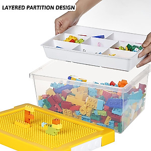 loobuu Plastic Storage Bins with Lids - 1 Set Stackable Arts Crafts Organizer Box with Removable Divided Tray &Compatible Building Baseplate,Toy Chest Containers for Bricks-Yellow(14.37"x9.64"x6.69")