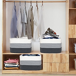 ArcaGuru Cotton Rope Basket, Rectangle Woven Baskets for Storage, Blanket Basket Living Room, Storage Basket with Handles for Book, Clothes for Organizing, 18.1”x14.2”x11.8”, Gradient Gray