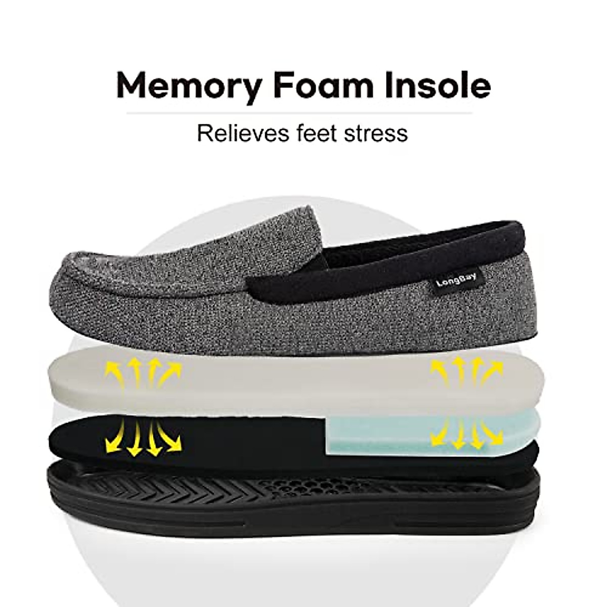 LongBay Men's Cozy Moccasin Slippers Loafer House Shoes with Memory Foam and Rubber Sole for Indoor Outdoor (12 D(M), Light Gray)