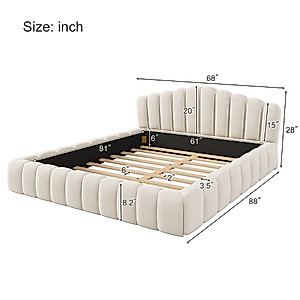 Merax Queen Size Floor Platform Bed Frame,Velvet Upholstered Bedframe with Shell-Shaped Headboard and Cushioning All Around Guards for Bedroom,No Box Spring Needed,Beige
