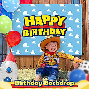 Winrayk 154Pcs Toy Inspired Story Birthday Party Decorations Supplies for Kids Teen, Balloon Arch with Backdrop Tablecloth Cow Print Balloons Star Rocket, Cartoon Game Girls Boys Birthday Party Decor