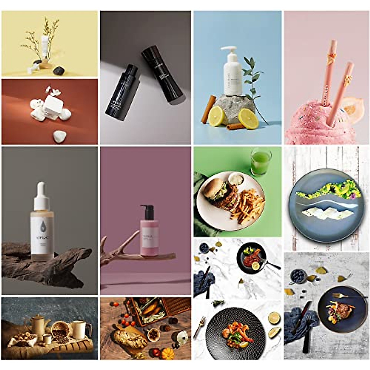 Exzycke 7PCS 14Patterns Photography Background Paper with Stand, 34x23in Double-Sided Photo Tabletop Backdrops Props for Food Jewelry Cosmetics Makeup (Green Pink Yellow Blue)