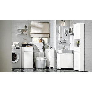 SoBuy Laundry Hamper Cabinet with Basket and 1 Drawer, Tilt-Out Laundry Hamper, Bathroom Storage Cabinet Unit with Drawer, White BZR110-W