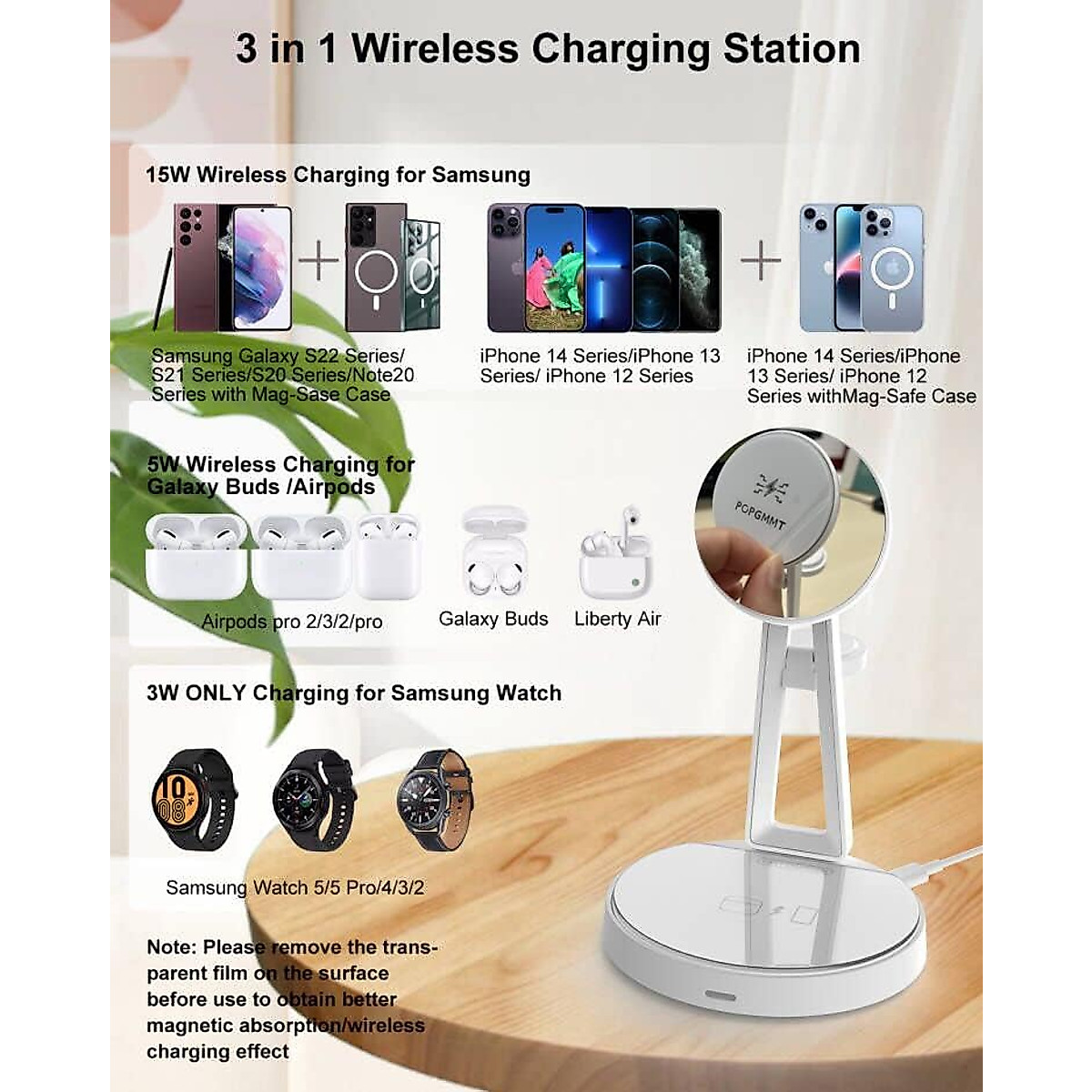Magnetic Wireless Charging Station for Samsung, 3 in 1 Charging Stand 18W Mag-Safe Fast Charger Compatible for S23/S22/S21/S20/S10/Note 20/Z Flip 4, for iPhone 15,14,13,12, for Galaxy Watch & Buds