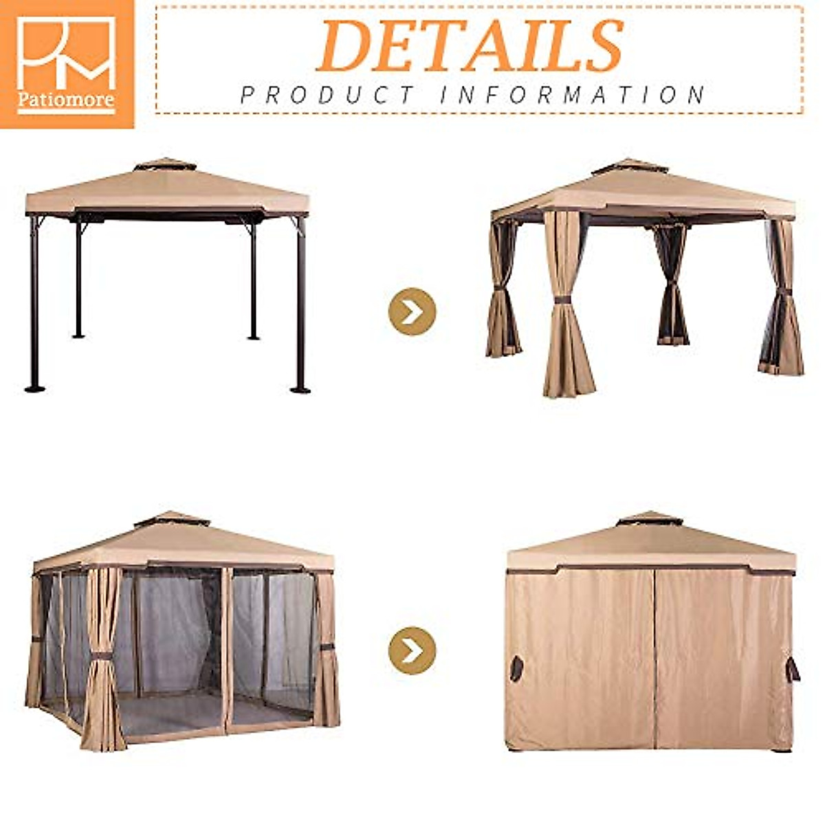 Patiomore Outdoor Garden Gazebo 10 x 10 FT Patios All-Season Permanent Gazebo with Vented Soft Canopy and Mosquito Netting