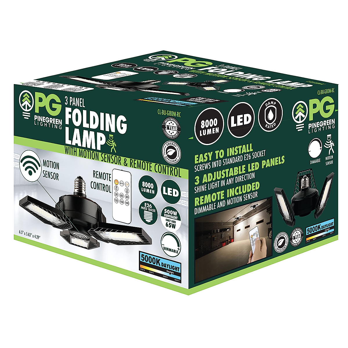 Pinegreen Lighting 3-Panel Garage Light, 65W LED Shop Light with Remote Control, 8000LM 5000K Daylight LED Garage Ceiling Lights Deformable Garage Lighting for Workshop Basement Attic E26 Base