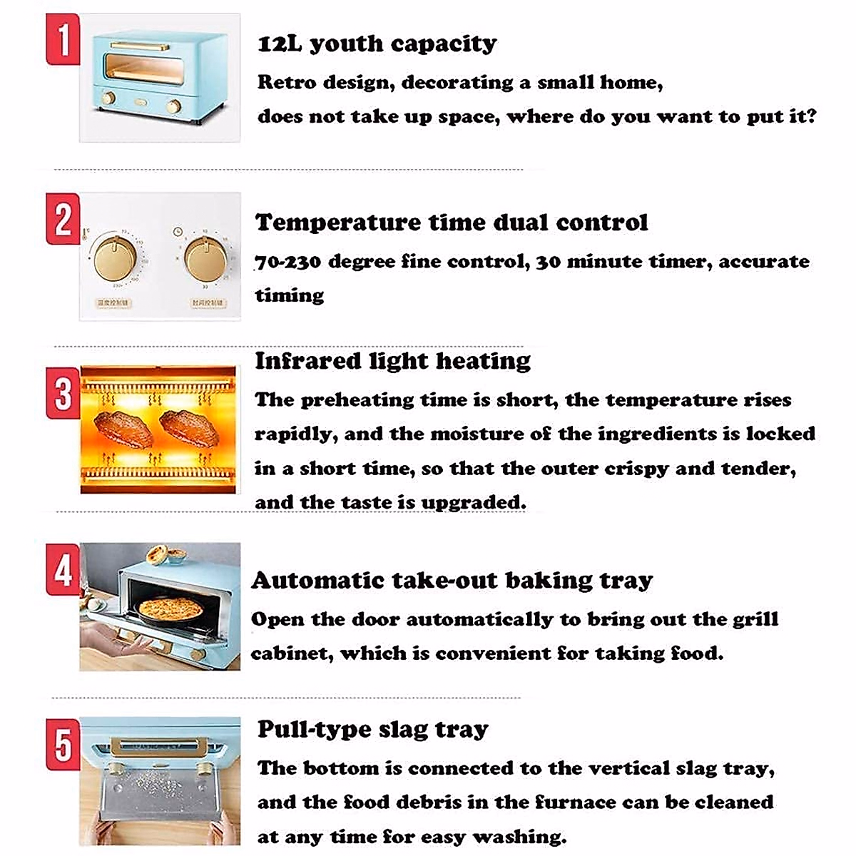 12L Mini Oven, Home Baking Small Oven Timer Double Glass Door Top and Bottom Convection Countertop Toaster Oven