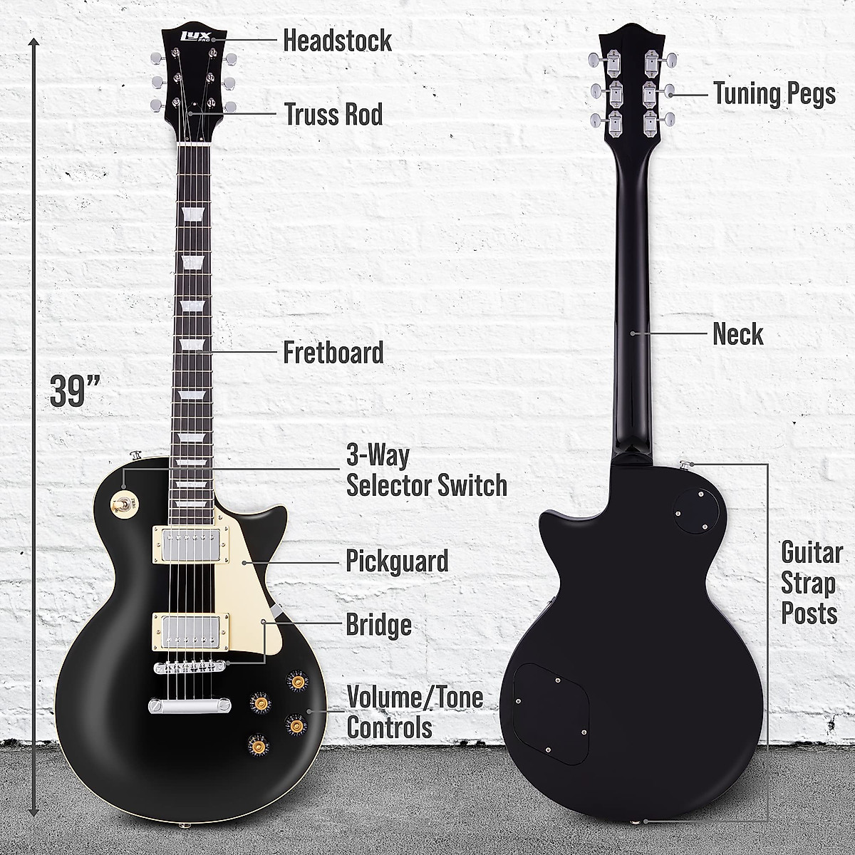 LyxPro 39” SB Series Electric Guitar, LP Style for Beginner, Intermediate & Pro Players Solid Body Guitar, Bonus 2-Pack of Picks, Mahogany Wood, Volume/Tone Controls, 3-Way Pickup - Black