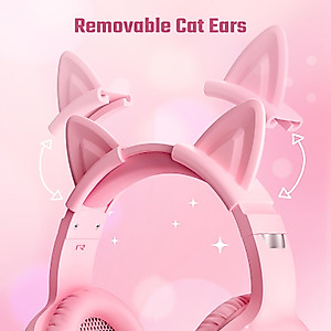 Pink Gaming Headset Noise-Canceling Mic with Stereo Surround，Wired Over-Ear Headphones with Retractable and Flexible Mic&Memory Foam Ear Pads,Removable Cat Ears，for Xbox Series, PS5, PS4, PC, Mobile.