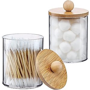 Cosmetic Organizer for Qtip Holder Dispenser Cotton Balls Cotton Swabs Clear Plastic Storage Box Makeup Organizer with Bamboo Lid Cotton Swab Holder Container Dispenser