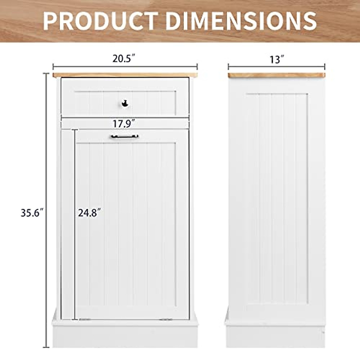 TOLEAD Tilt Out Trash Cabinet,Antique-Style Beadboard Kitchen Island with Solid Wood Tabletop & Drawer, Pet Proof Trash Can, Wood Laundry Cabinet (White)