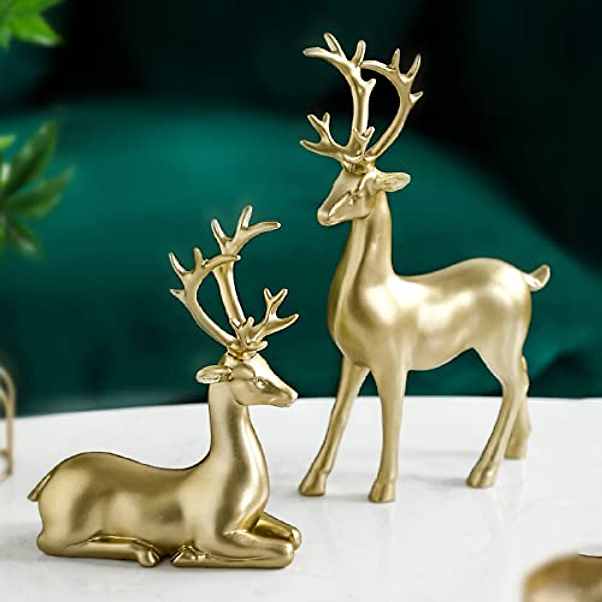 BULINGNA 2Pcs Christmas Reindeer Figurines, Resin Elk Sculpture Miniature Figurine Xmas Deer Statue Artificial Animal Crafts Home Decoration Ornament (Solid Gold)