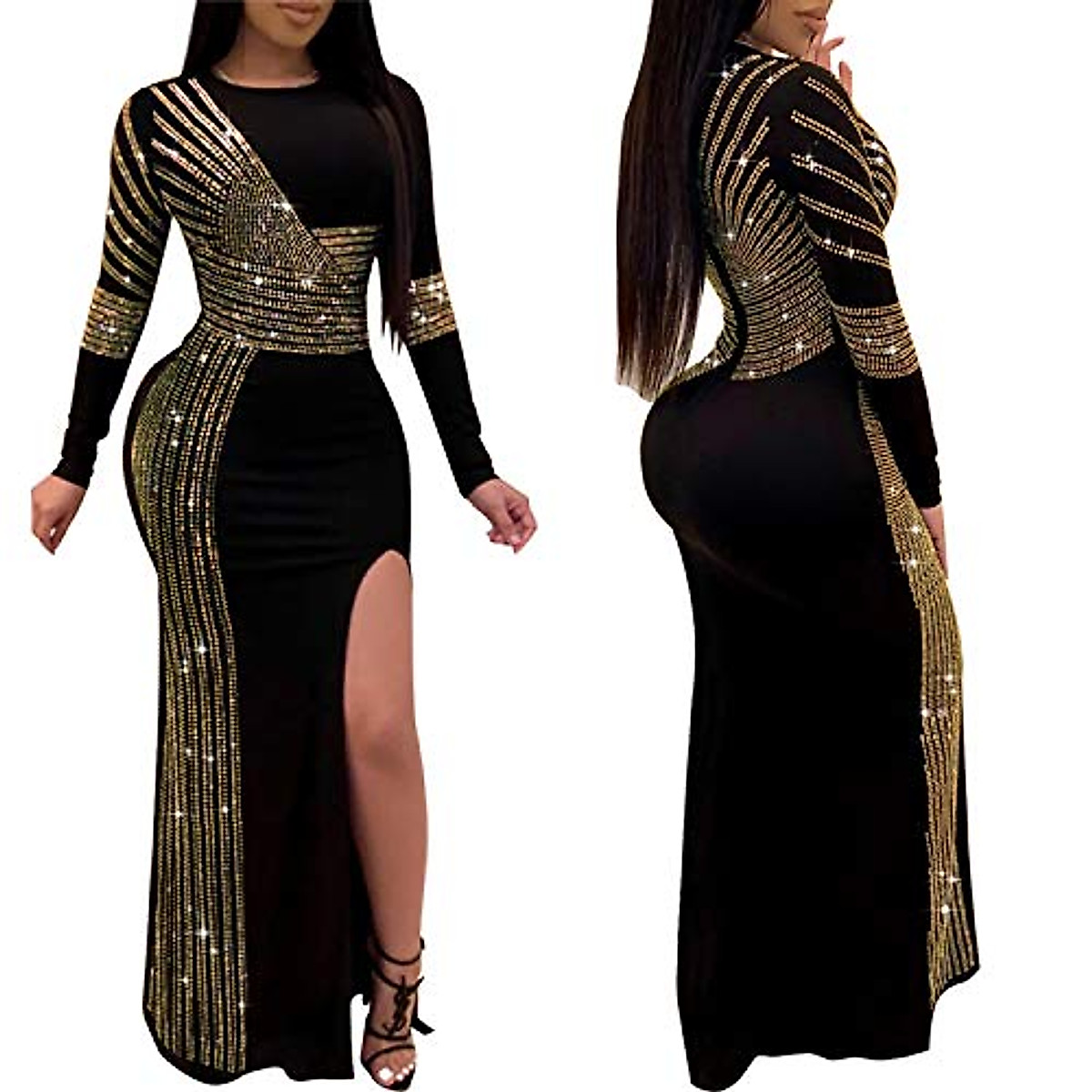 PORRCEY Hot Drilling Craft Sexy Long Sleeve Dress Sexy Dress Party Club Evening Dress (8882,Gold,XL)