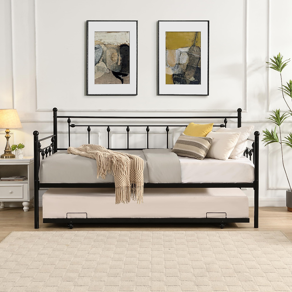 Haplized Twin Size Metal Daybed with Pull Out Trundle, Modern 2 in 1 Sofa Bed Frame for Kids Teens Adults,Single Daybed Sofa Bed Frame for Bedroom Living Room Guest Room,No Box Spring Needed