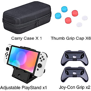 HEYSTOP Switch Case / Switch OLED Case Accessories Compatible with Nintendo Switch & OLED Model, Carry Case with Joycon Grip / PlayStand / Thumb Grips Caps for Nintendo Switch & OLED Model, Black