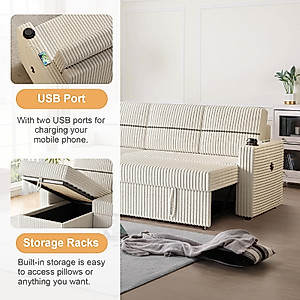 CAPCAEK 85" Corduroy Sofa Bed with Storage Chaise, L Shaped 3 Seat Sectional Couch, Pull Out Sleeper Sofabed with Cup Holders & USB Charge Port for Living Room, Office, Apartment (Beige)