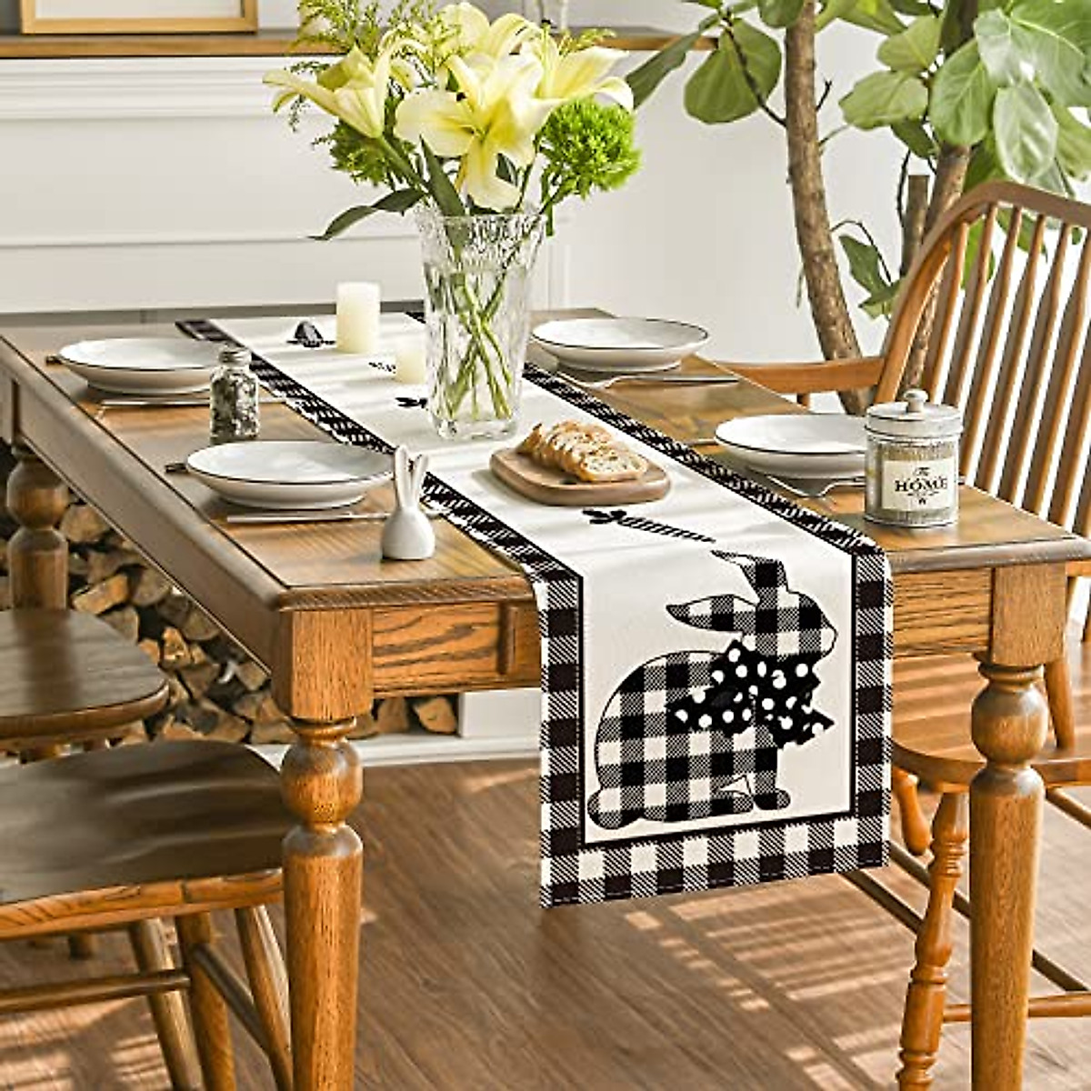 Artoid Mode Buffalo Plaid Rabbit Carrots Easter Table Runner, Spring Summer Seasonal Holiday Kitchen Dining Table Decoration for Indoor Outdoor Home Party Decor 13 x 72 Inch