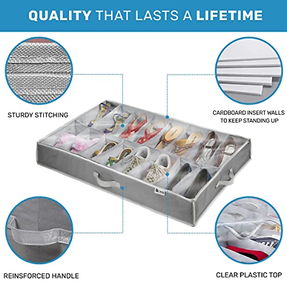 Under Bed Shoe Storage Organizer - TEAR-RESISTANT Heavy Duty 600D Material - Shoe Organizer Under Bed - Fits Men's and Women's Shoes, High Heels, and Sneakers - Up to 16 Pairs - Extra-Strong Zipper - Grey - Perfect for College Dorms