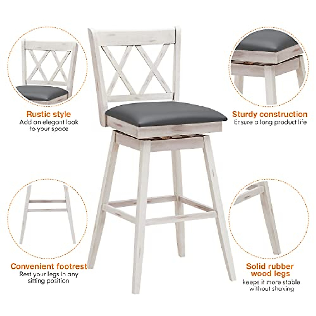 COSTWAY Bar Stool Set of 4, 360 ° Swivel Bar Height 29.5 inch Bar Stool with Foot Rest Upholstered Cushion & Ergonomic Backrest, Sturdy Frame, for Pub, Restaurant, Home (4, Antique White + Grey)