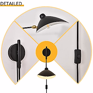 Modern Wall Sconce Plug in or Hardwired Adjustable Swing Arm Vintage Wall Lamp,Mid-Century Black Wall Lights Rotatable for Bedside Living Room,Brass and Black Finish (2 Pack) (1 Light)