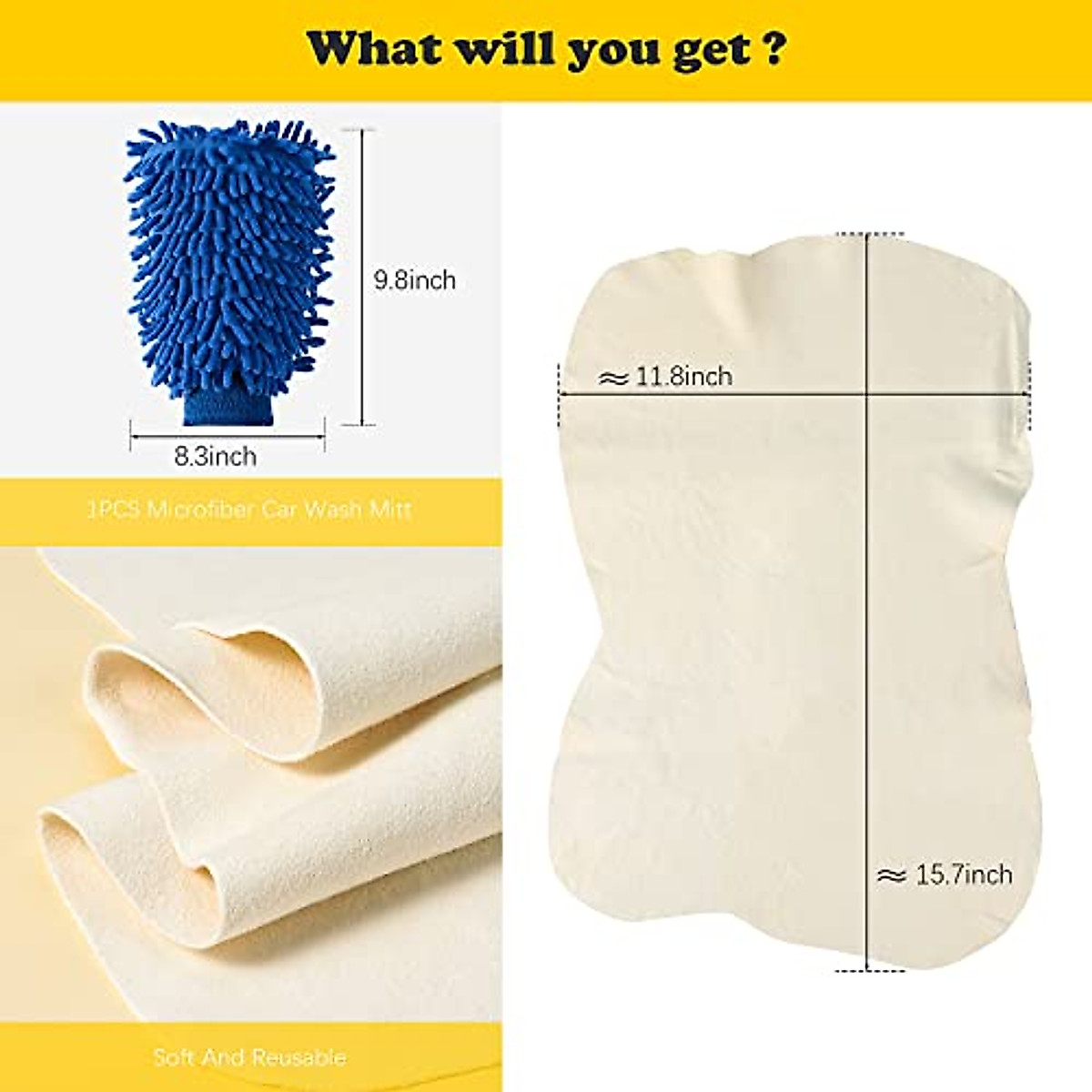 Nicetage Chamois Cloth for Car-1 Car Shammy Towel + 1 Bonus Car Wash Mitt - 11.8'' X15.7'' - Scratch-Free Shammy Cloth for Car