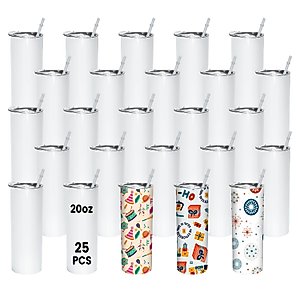 CHLJAR Sublimation Tumblers Bulk 20 oz Skinny, 25 Pack Stainless Steel Double Wall Insulated Straight White Blank Cups with Lid and Straw, Polymer Coating for Heat Transfer