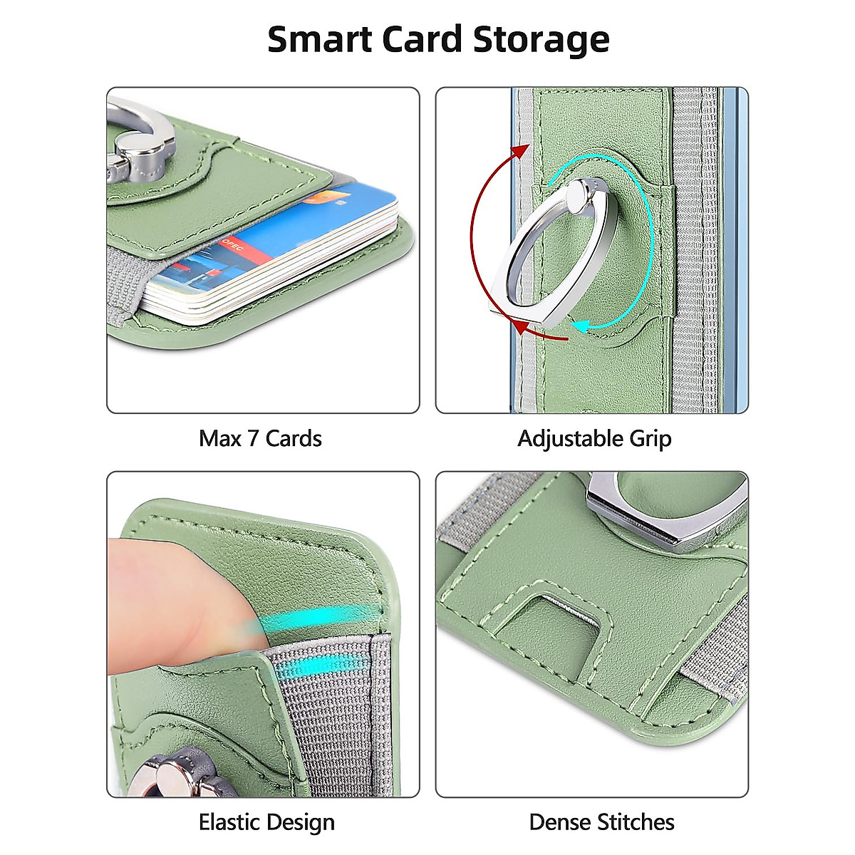 ExtreLife for Magsafe Wallet, Strongest Magnetic Wallet, for iPhone Wallet Magsafe with Ring Grip, Magnetic Card Holder Wallet for iPhone 15/14/13/12 Series, Vegan Leather, Fit 7 Cards, Matcha Green