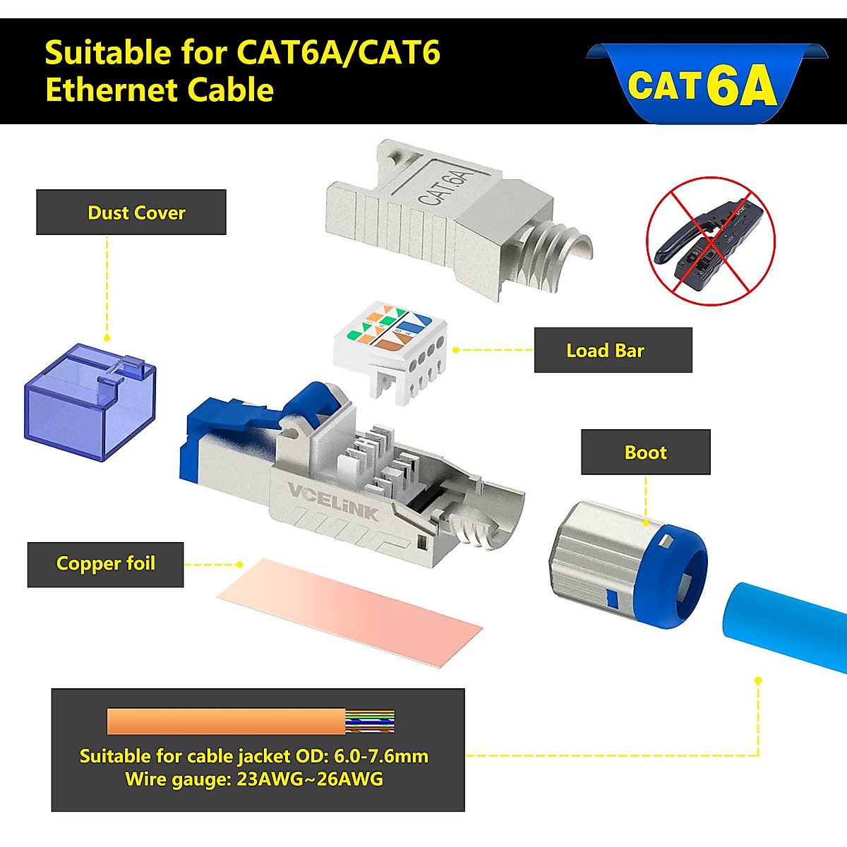 VCELINK RJ45 Cat6A Connectors Tool-Free, Zinc Alloy Shielded Ethernet Termination Plugs for 23AWG SFTP Cables, 10Gbps Easy Internet Plug, Fast Field Installation 2-Pack