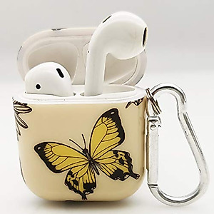 Butterfly AirPods Soft TPU Case for Airpods 2 Cover Portable Cute Flower Airpod Vivid Case for Apple AirPods 1 & 2 Protective Shockproof Case with Keychain (Yellow Butterfly)