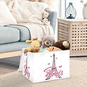 SUABO Paris Eiffel Tower Storage Bin with Lid, Pink Large Oxford Cloth Butterfly Love Storage Boxes Foldable Home Cube Baskets Closet Organizers for Nursery Bedroom Office