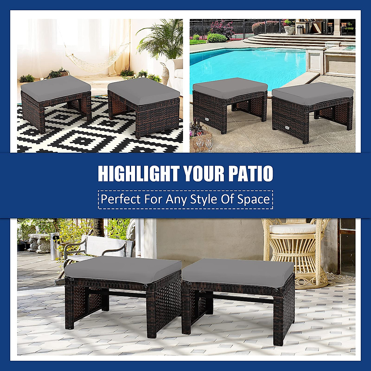 DORTALA 2 Piece Patio Wicker Ottomans, Outdoor Foot Rest with Cushions, PE Rattan Footstool for Patio, Garden, Poolside, Grey