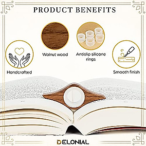 DELONIAL Book Page Holder with 5 Adjustable Rings, Handmade Natural Walnut Thumb Bookmark for Keep Book Open