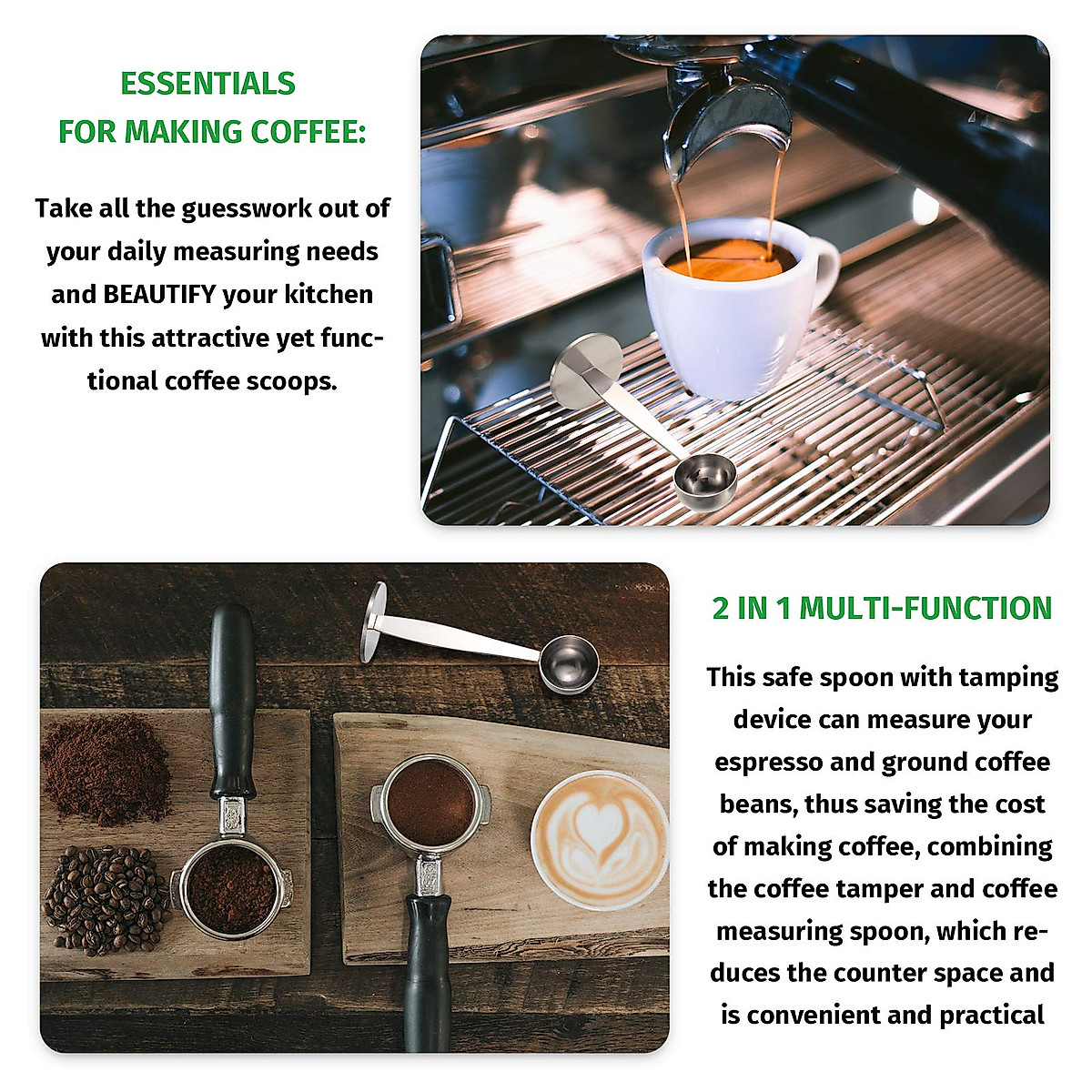 2 Pieces Coffee Scoop Stainless Steel Espresso Tamper 51 mm Two in One Measuring and Espresso Coffee Tamper for Coffee Bean Press Coffee Grinding Pressing, 15 ml