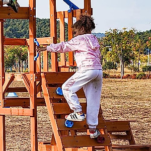 Dolphin Playground Cedar Wooden Swing Sets for Backyard, Outdoor Playset for Kids with Monkey Bar, 2 in 1 Outdoor Table, Wave Slide, Climbing Wall, and 2 Belt Swings, Playground Sets for Backyards