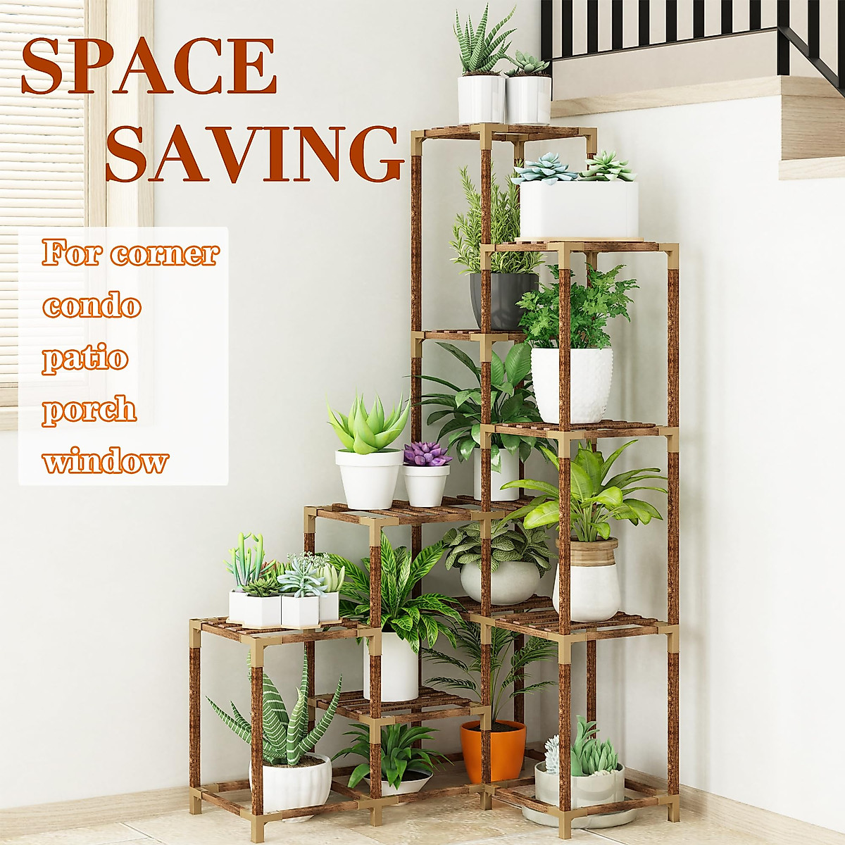 HOMKIRT Plant Stand Indoor Outdoor, 14 Tier Large Corner Plant Stand Tall Plant Shelf Rack Flower Stand For Multiple Plants, Wood Plant Holder Ladder Table Display For Patio Garden Balcony Window