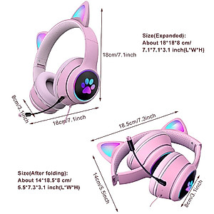 QOONESTL Gaming Headset Foldable Cat Ear Headphone with RGB LED Light, Stereo Sound Headphones with Microphone, USB 3.5mm Wired Over-Ear Gaming Headsets for Kids and Adult