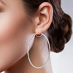 LeCalla 925 Sterling Silver Classic Hoop Earrings | Large Earrings Hoop Jewelry | Round Rhodium-Plated Statement Earring | Italian Square-Tube Click-Top Hoops Earring for Women - 80mm