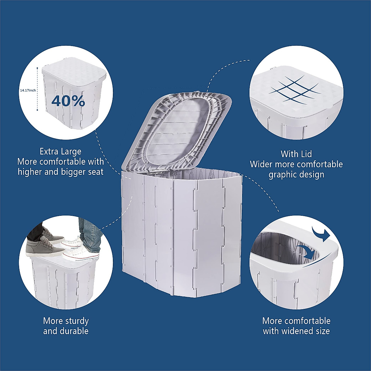 Upgrade XL Grey Portable Toilet for Camping, Portable Folding Toilet with Lid, Porta Potty Car Toilet Bucket Toilet Portable Potty for Adults, Travel Toilet for Camping Hiking,Light Gray