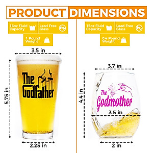 The Godfather & The Godmother Printed Pint & Stemless Wine Glass Set - Officially Licensed, Premium Quality, Handcrafted Glassware - A Collectible Gift for Godparents, Movie Lovers & Special Occasions