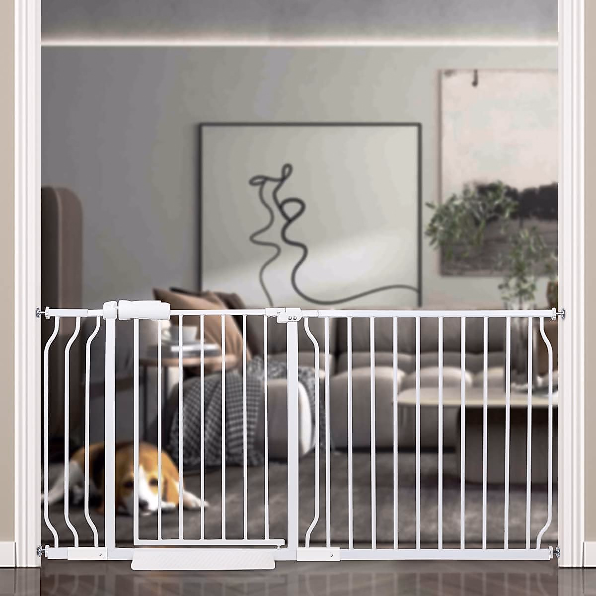 BELABB Extra Wide Baby Gate Tension Indoor Safety Gates White Metal Large Pet Gate Pressure Mounted Walk Through Long Dog Gate for The House Doorways Stairs (62.2 Inch-66.9 Inch/158cm-170cm, White)
