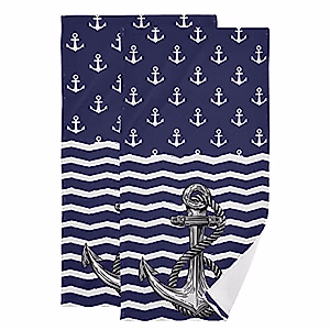 Anchor Bath Hand Towel 2 Pcs Absorbent Nautical White Stripe Hand Towels Sea Anchors Navy Blue Face Towel Soft Breathable Anchor Fingertip Towel for Bathroom Kitchen Hotel Spa Decor Gift 28.3x14.4in