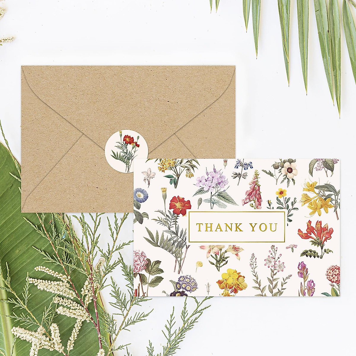 Whaline 24 Pack Wildflower Thank You Cards Vintage Floral Greeting Cards with Envelopes Stickers Gold Foil Retro Spring Blank Note Cards for Wedding Bridal Baby Shower Birthday, 4 x 6 Inch