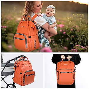 Baby Diaper Bag Backpack, Multi-Function Waterproof Travel Back pack Nappy Bags for Women Baby include Insulated Pocket, Changing Pad, Stroller Straps and Elastic Luggage Strap for Travel Orange